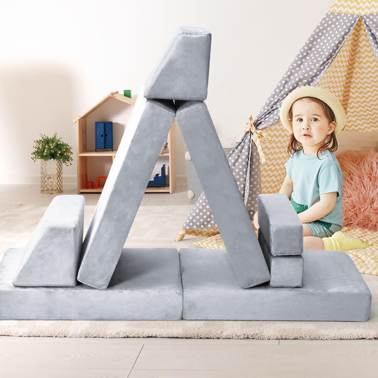 Mmucco Kids Play Couch, 10Pcs Toddler Couch, Kids Sofa Couch, Play Couch Sofa Playroom Bedroom,Modular Kids Couch for Playing, Creativing, Sleeping (Grey)