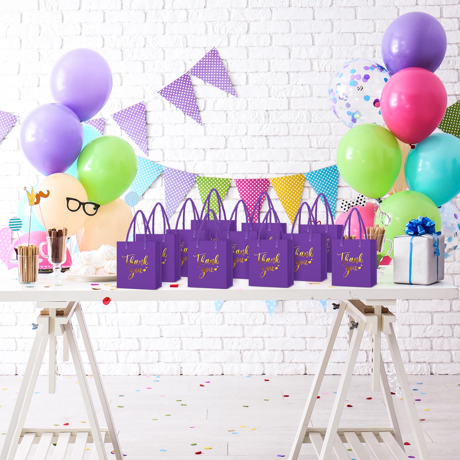 Honoson 60 Pcs Mini Gift Bag with Handle 4 x 2.75 x 4.5'' Small Thank You Paper Bag Foil Gift Bag Wedding Wrap Bag Birthday Party Favor Bag(Purple)