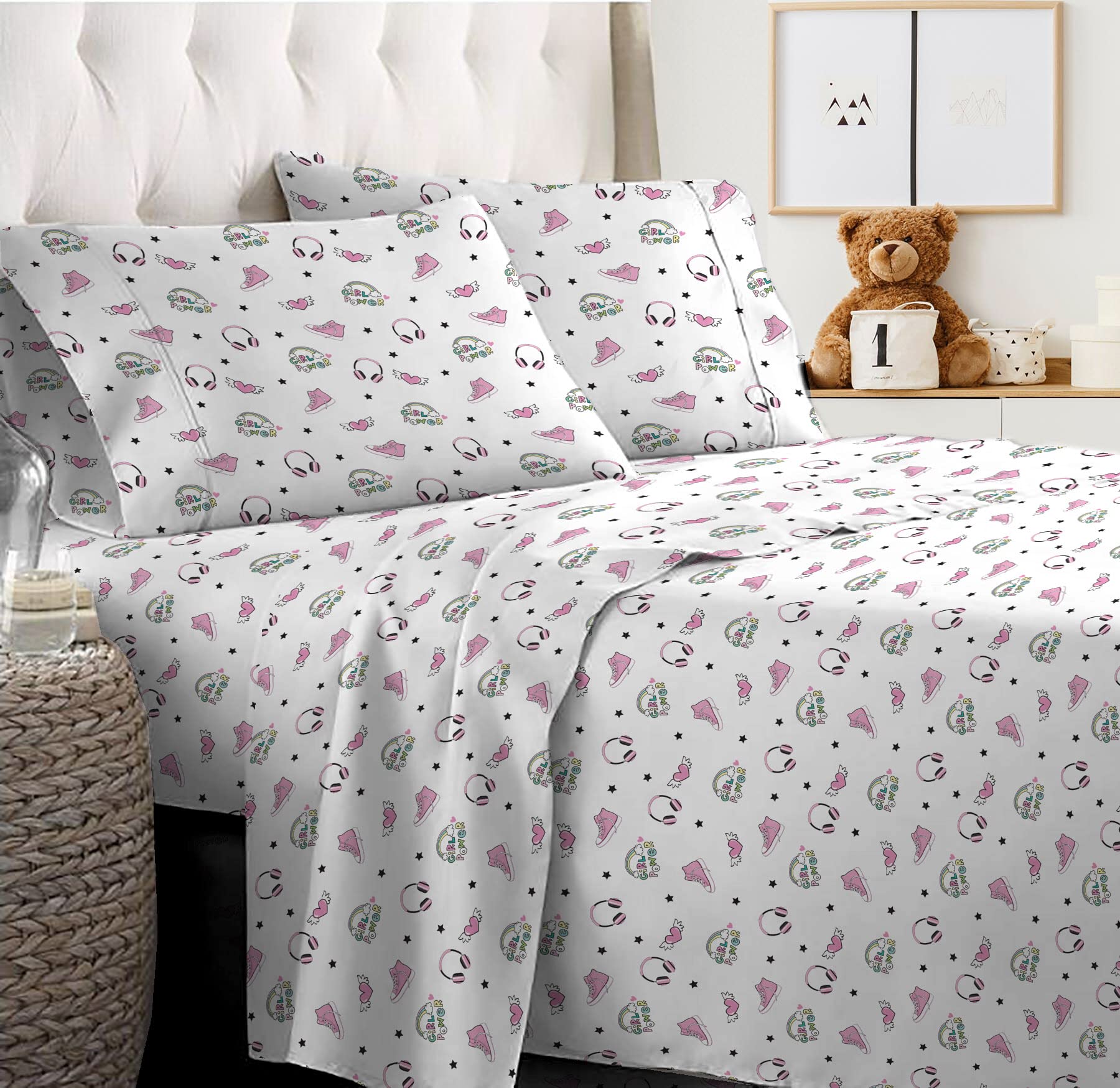 LITTLE CELEBRITY Full Sheet Set | Kids Sheet & Pillowcase Sets | Full Sheets for Boys Girls, Fitted Sheet, Top Sheet, 2 Pillowcases | Full Sheets Set | Full Bed Sheets | Bed Sheets Full (Girl Power)