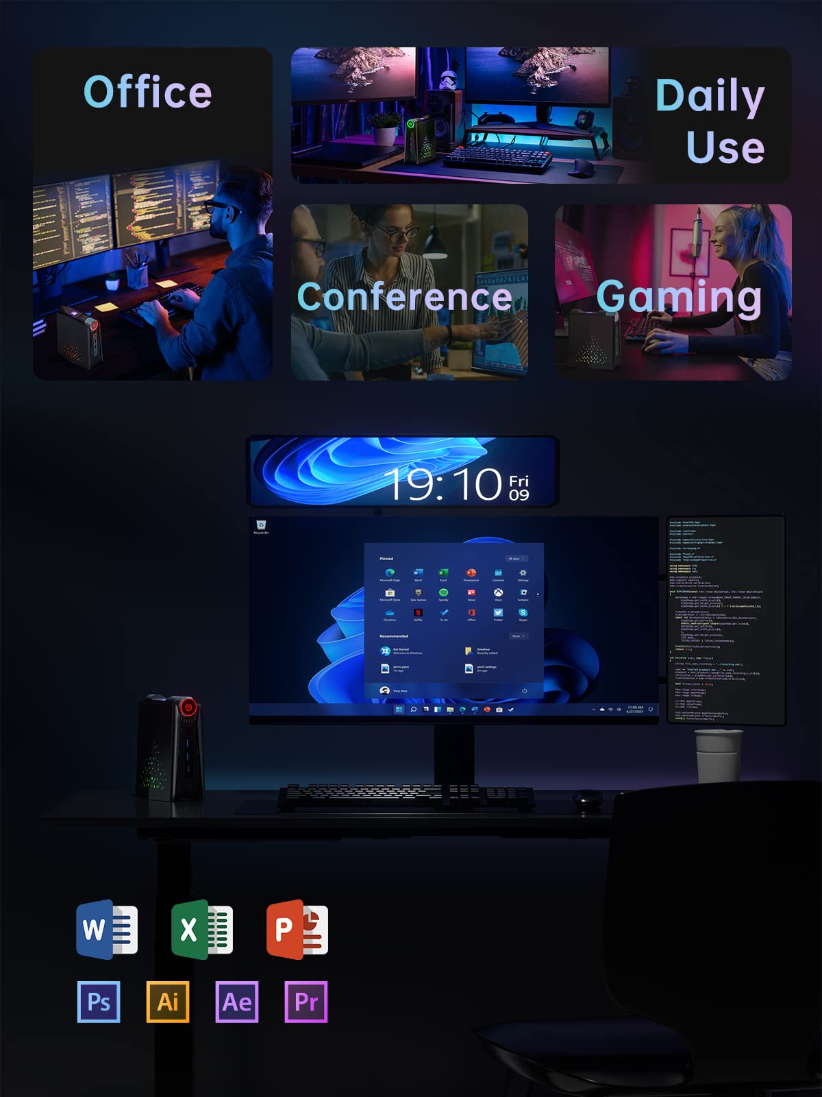 ACEMAGICIAN Mini PC, AMD Ryzen 5 5600U, 16GB DDR4 RAM, 512GB SSD, Windows 11 Pro, RGB Light, WiFi 5 Bluetooth 4.2, 3 Screens Display, HDMI, DP, Type C Port