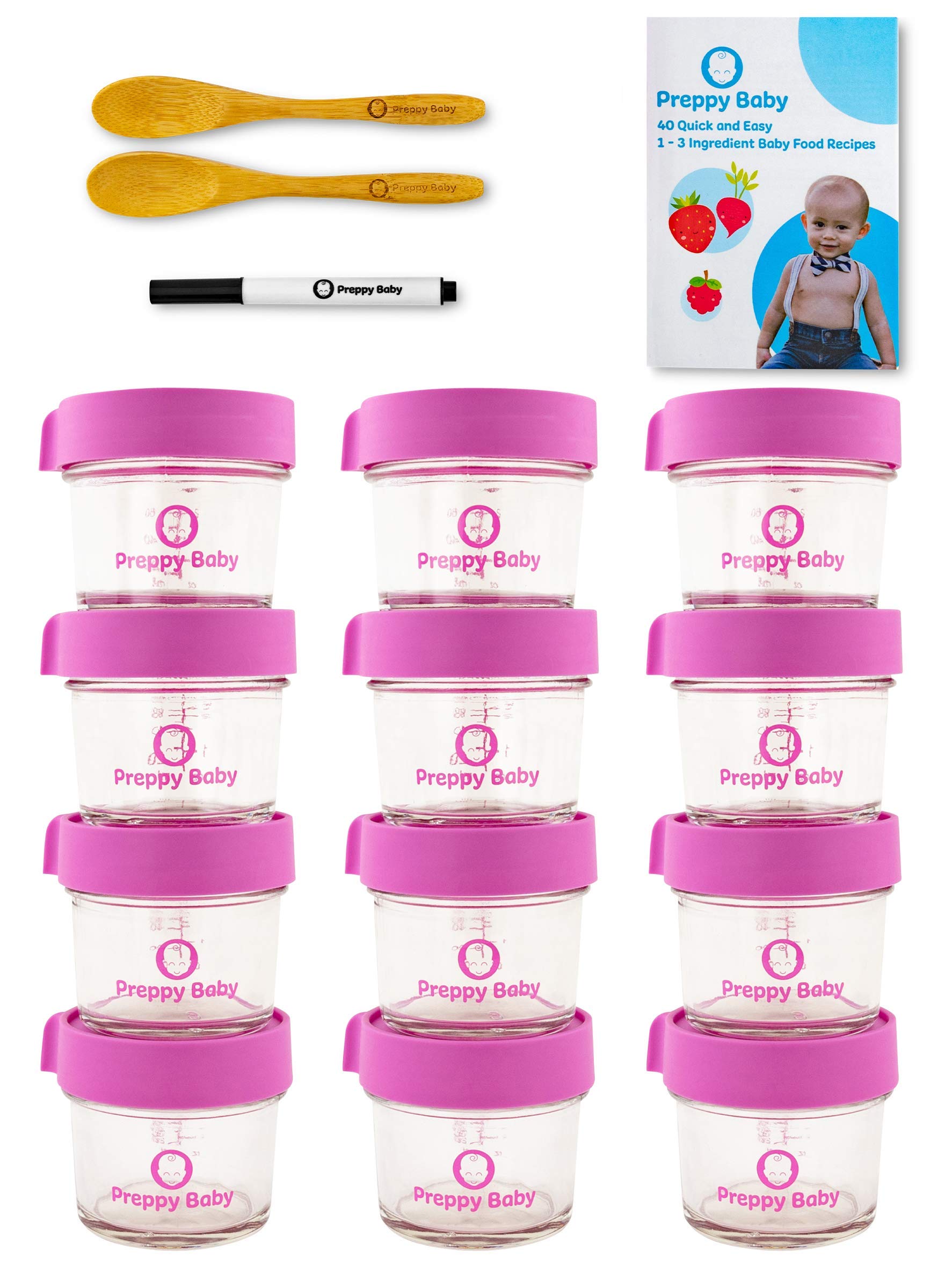 PreppyBaby 4 oz Glass Baby Food Storage Containers with Lids - Pack of 12 Reusable Dishwasher & Microwave Safe Food Jars w/ 2 Bamboo Infant Spoons, Recipe Booklet & Non-Toxic Easy Erase Marker (Pink)