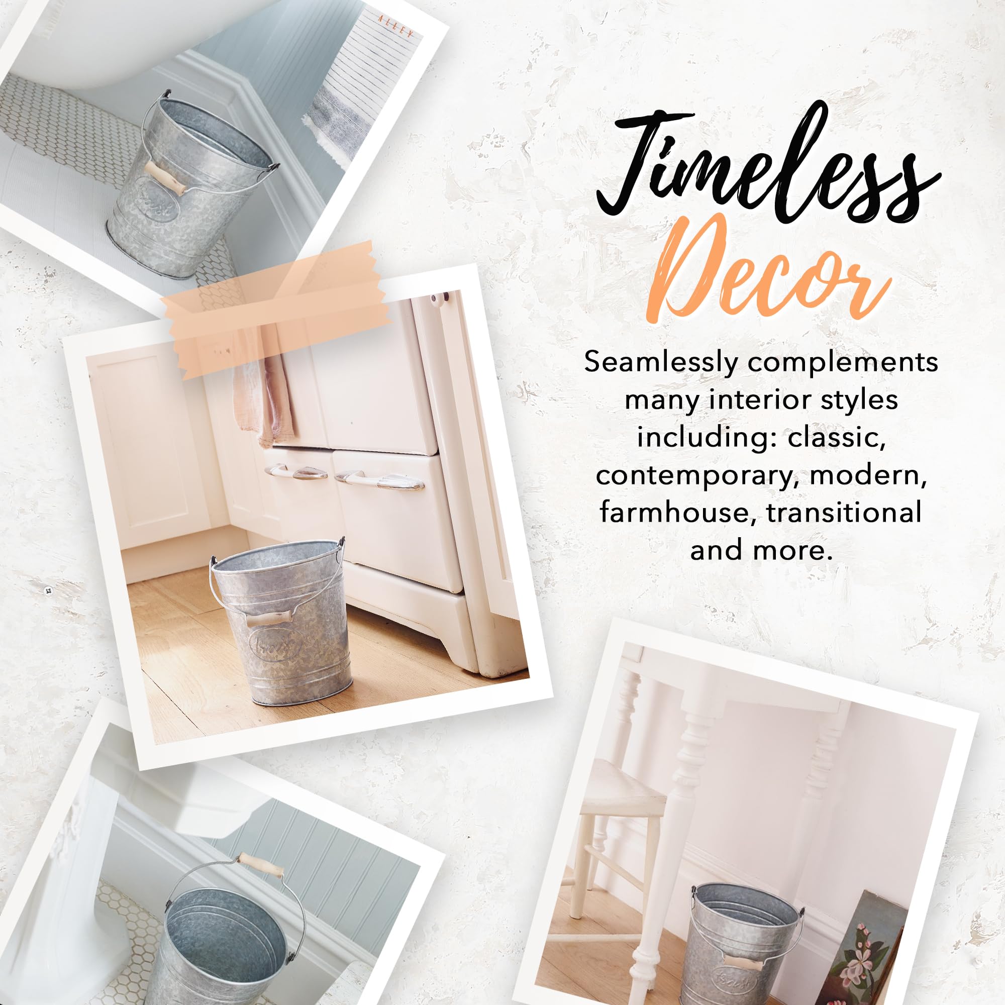Autumn Alley Farmhouse 2 Pack Bathroom Trash Can - Rustic Galvanized Trash Can Bucket with Wooden Grip for Rustic Bathroom, Farmhouse Kitchen, Country Home Décor, 7 Liter, Galvanized Grey