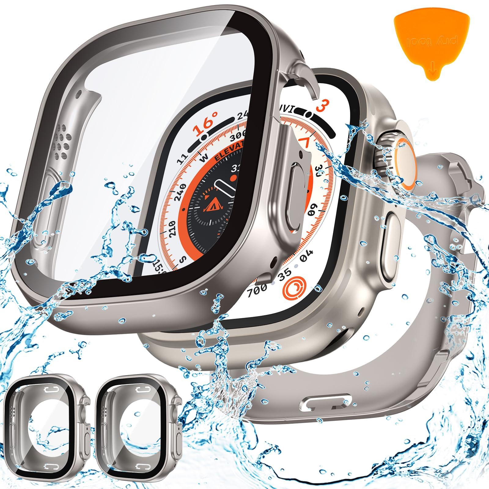 2Pack Goton Waterproof Case for Apple Watch Ultra 2 / Ultra Screen Protector 49mm, 360 Protective Glass Face Cover + Back Bumper for iWatch Ultra2 Accessories 49 mm Titanium