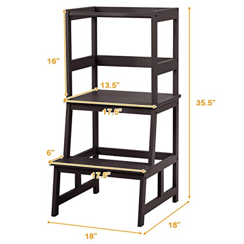 Costzon Kids Kitchen Step Stool with Safety Rail, Toddler Kitchen Stool w/Solid Bamboo Construction, Child Stand Helper for Kitchen Bathroom Living Room, Perfect for Toddler from 18-36 Months (Brown)