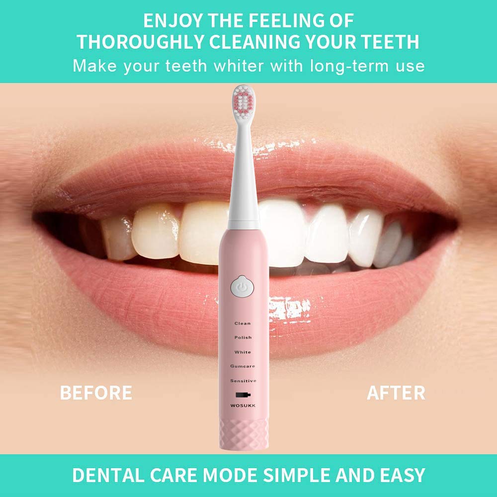 WOSUKK Kids Electric Toothbrushes for Adults Sonicare Electric Toothbrush Rechargeable Electrical Toothbrush, 2-Min Timer, 4 Replacement Brush Heads Pink