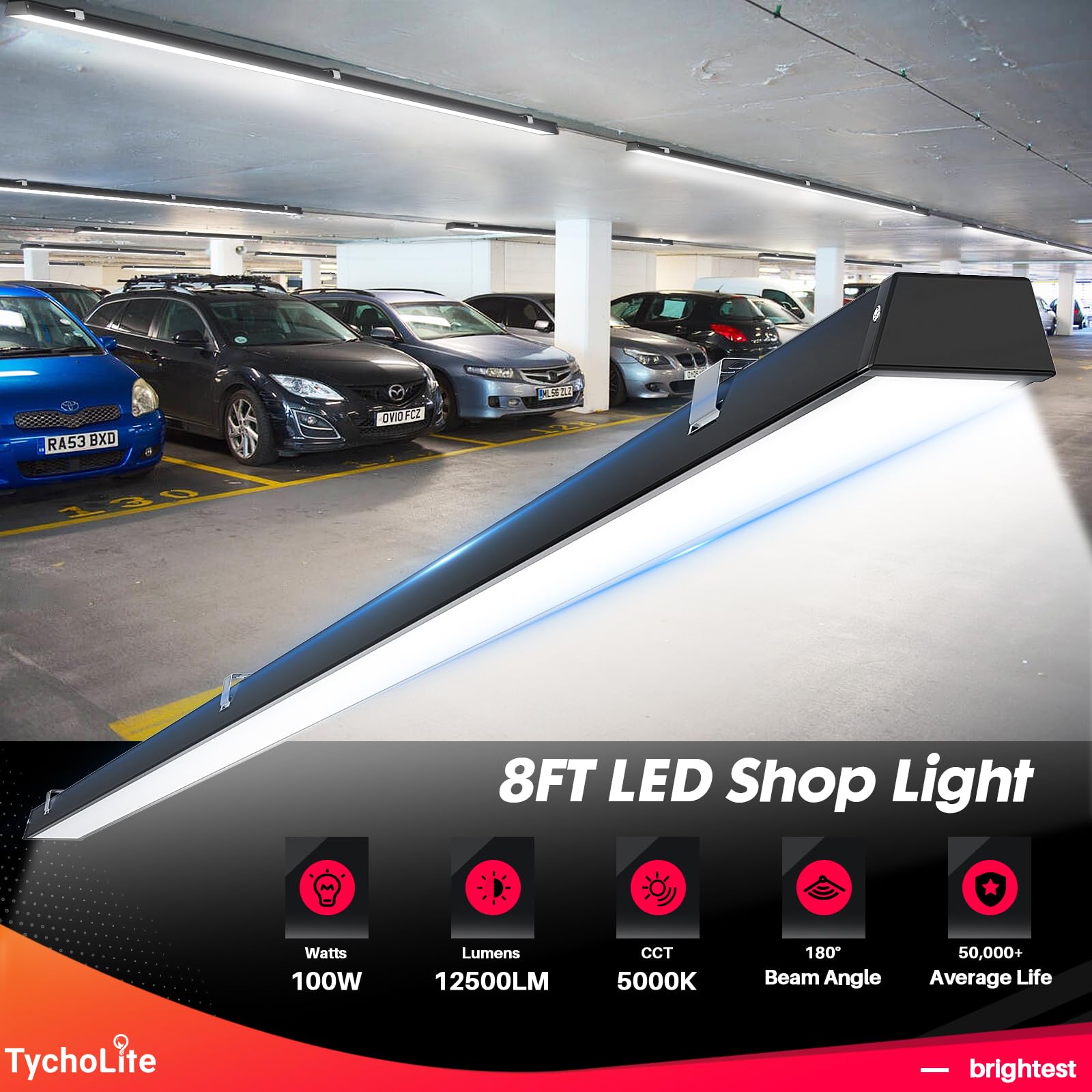 TychoLite 8FT LED Shop Light, 100W 12500lm, 5000K Daylight, Compact Black 8 Foot Commercial Lighting Fixtures for Workshops, Garage, Office, Surface/Suspension Mount, with 5FT Cord Switch, 6 Pack