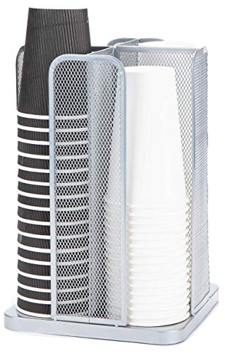 Mind Reader Carousel Cup and Lid Organizer, 4 Compartment, Silver Metal Mesh, 8" L x 8" W x 12" H
