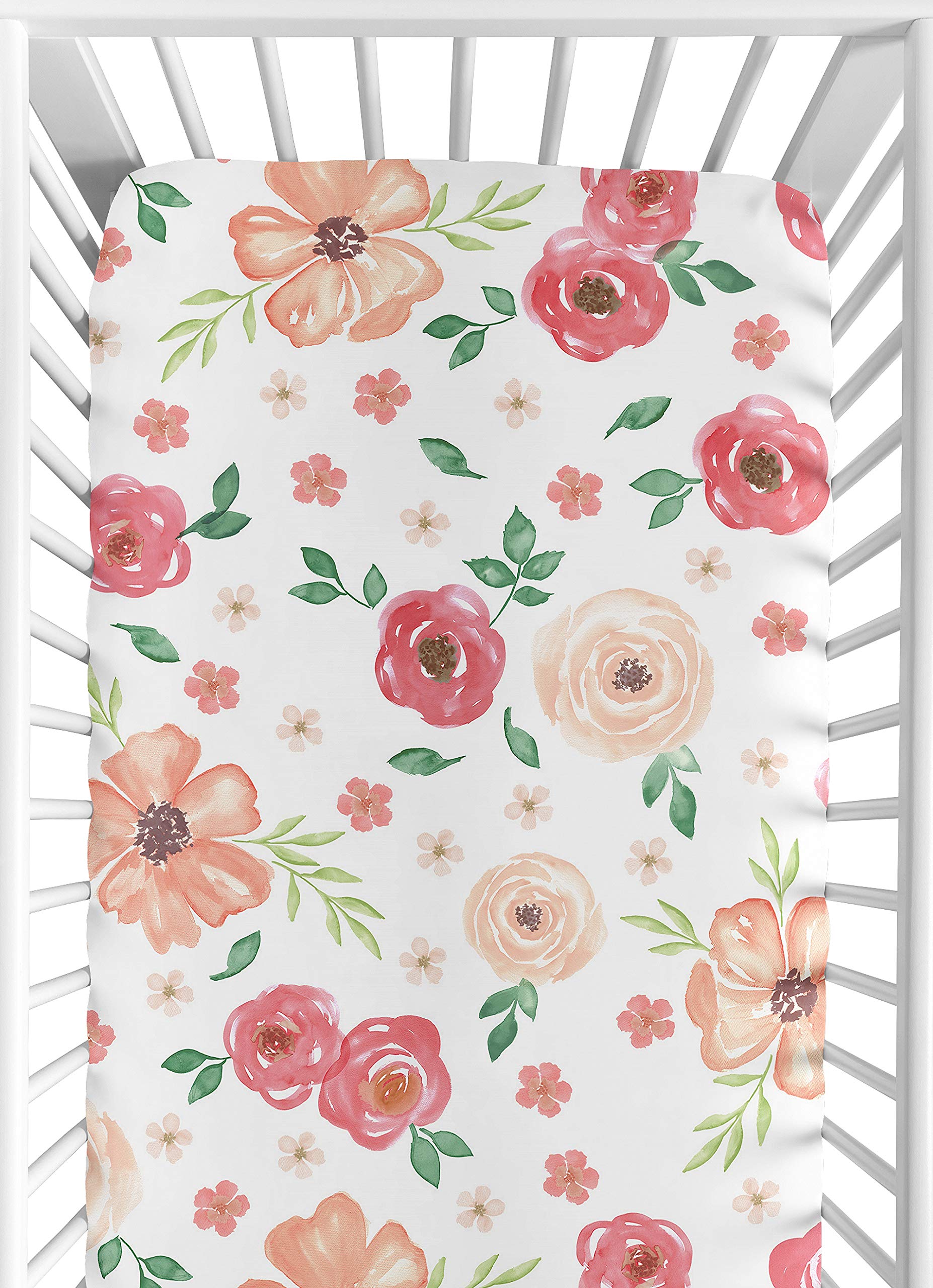 Sweet Jojo Designs Peach and Green Baby or Toddler Fitted Crib Sheet for Watercolor Floral Collection - Pink Rose Flower