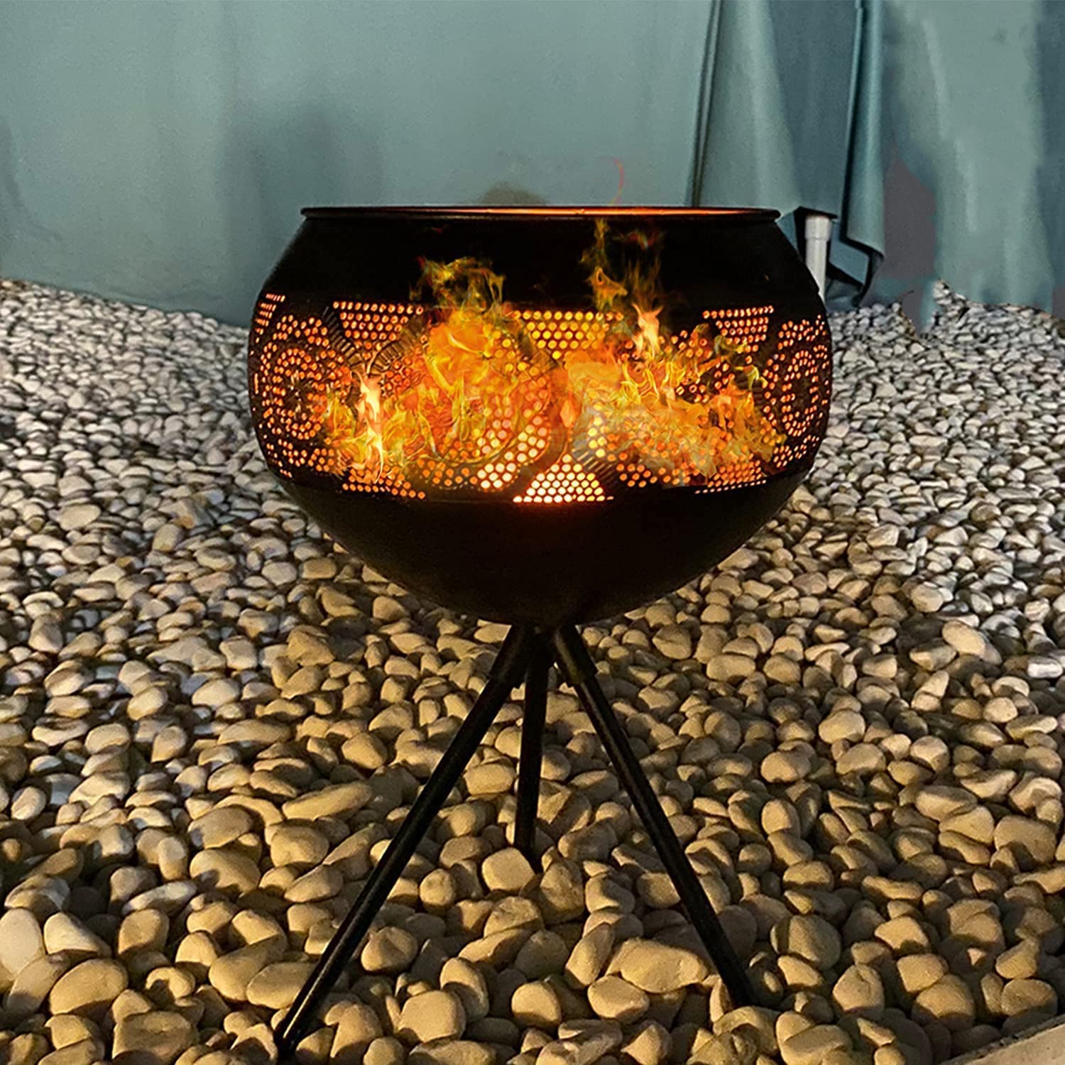 Larekook Outdoor Lantern Flickering Flame Light Solar Floor Lamp Waterproof Retro Lantern Metal Brazier Light Decor for Yard Patio Garden (Auto On/Off)