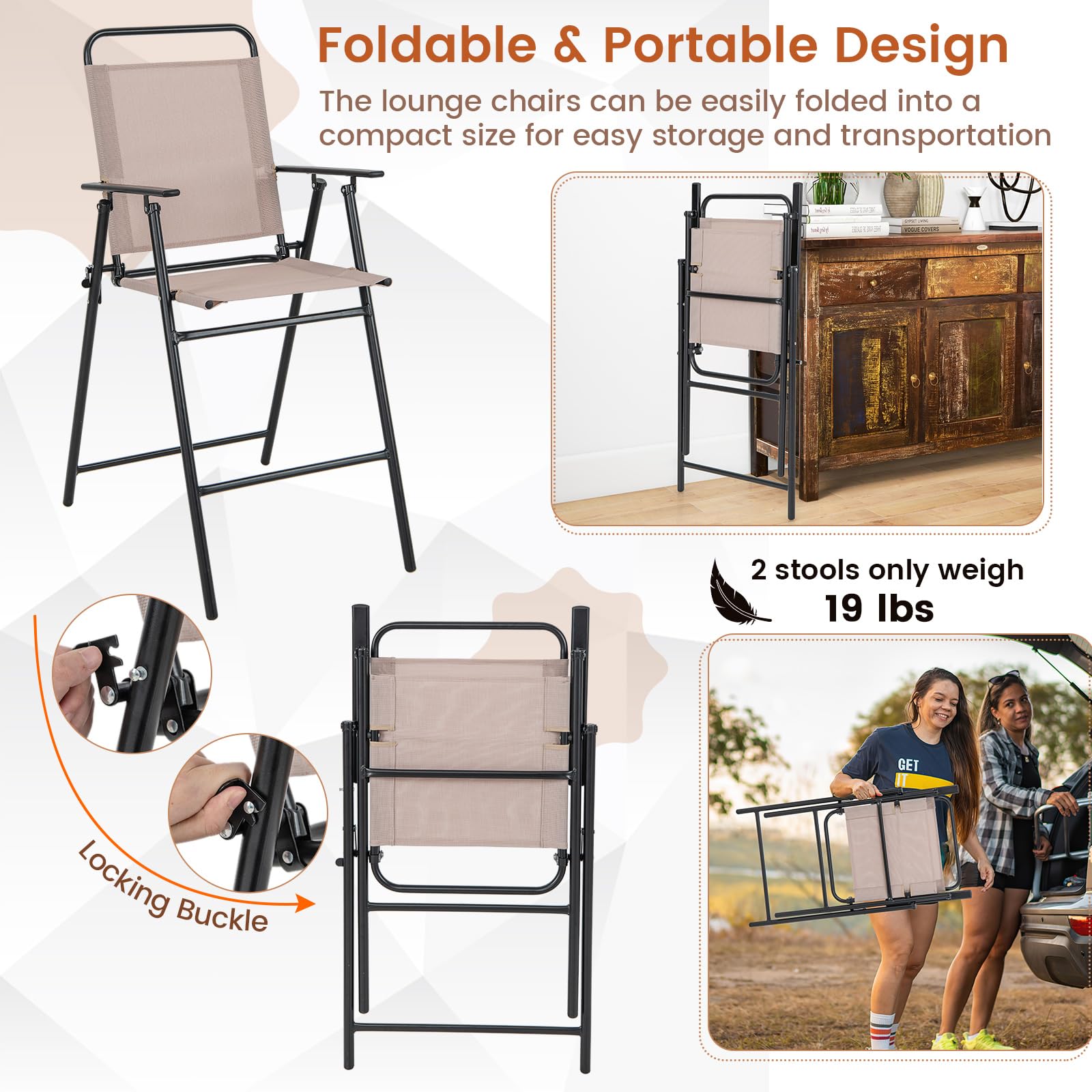 Tangkula Outdoor Folding Bar Stool Set of 4, Patio Dining Chairs w/Breathable Fabric & Metal Frame, Outdoor Bar-Height Stools w/Armrests, Portable Bar Chairs for Backyard Poolside Balcony