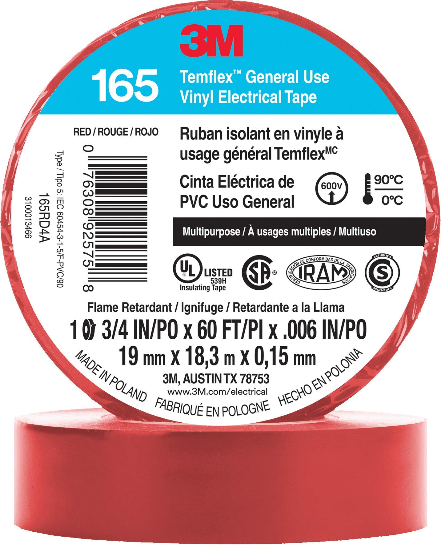 3M Temflex Multi-Purpose Vinyl Electrical Tape 165, Red, 3/4 in x 60 ft (19 mm x 18 m), 10 Roll Pack