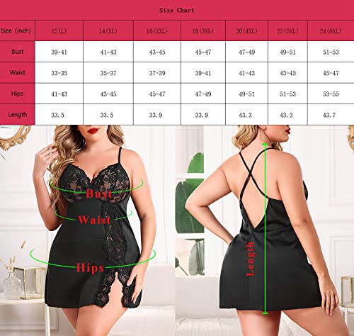 Avidlove Sexy Plus Size Lingerie Satin Lace Babydoll Mesh Strap Chemise Halter V Neck Black 22W