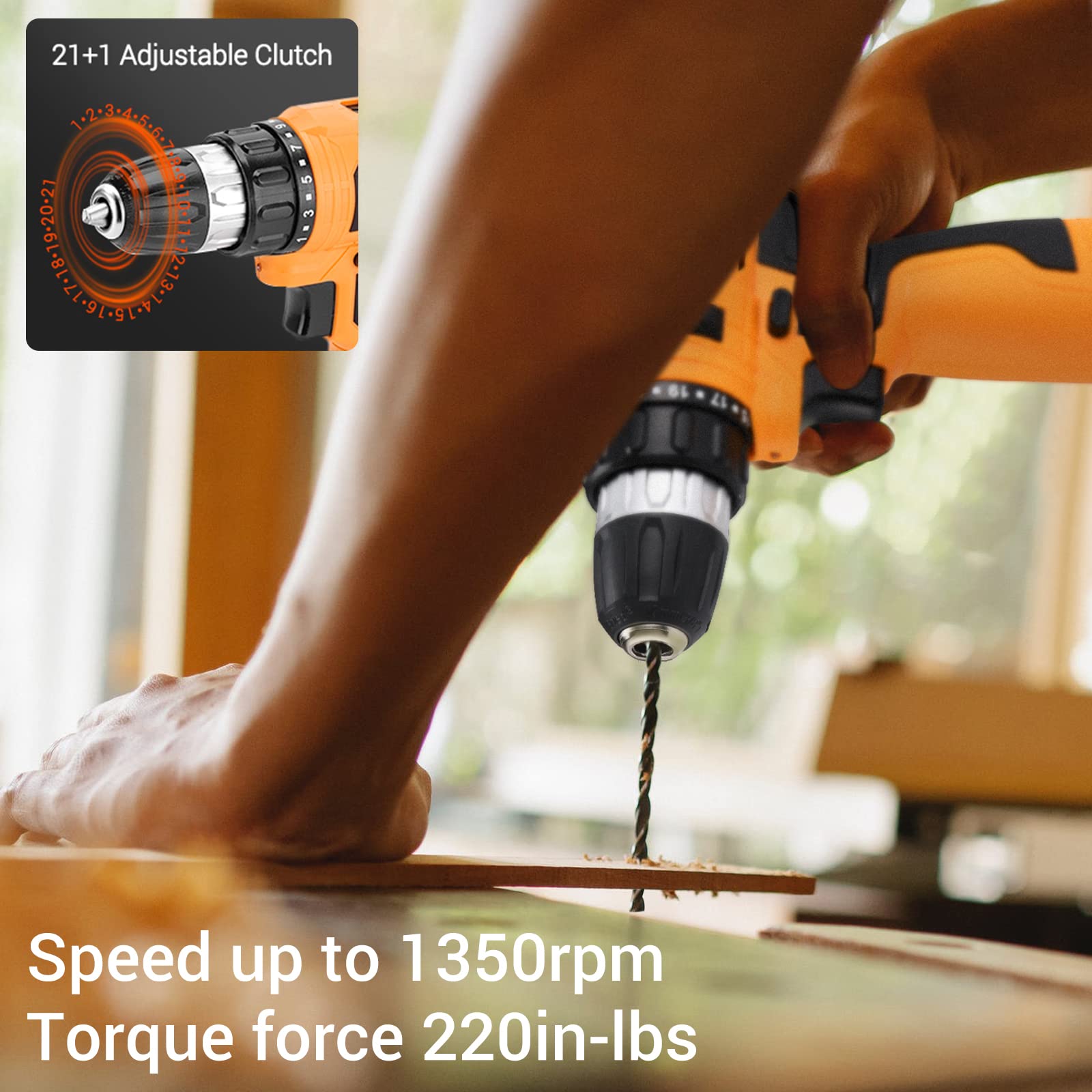 Adedad 12V Cordless Drill Set Electric Power Drill Kit with Battery and Charger, 3/8 Inch Keyless Chuck,21+1 Position, 2 Variable Speed, LED Light and 42pcs Accessories