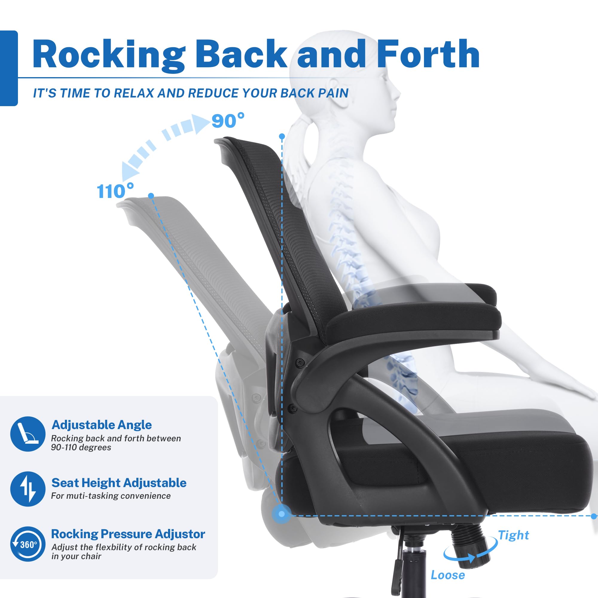 400lb Big and Tall Office Chair, Mesh Heavy Duty Desk Chair, Flip Arms Plus Size Ergonomic Computer Chair Extra Wide Seat, Executive Home Office Rolling Swivel Task Chairs for Heavy People