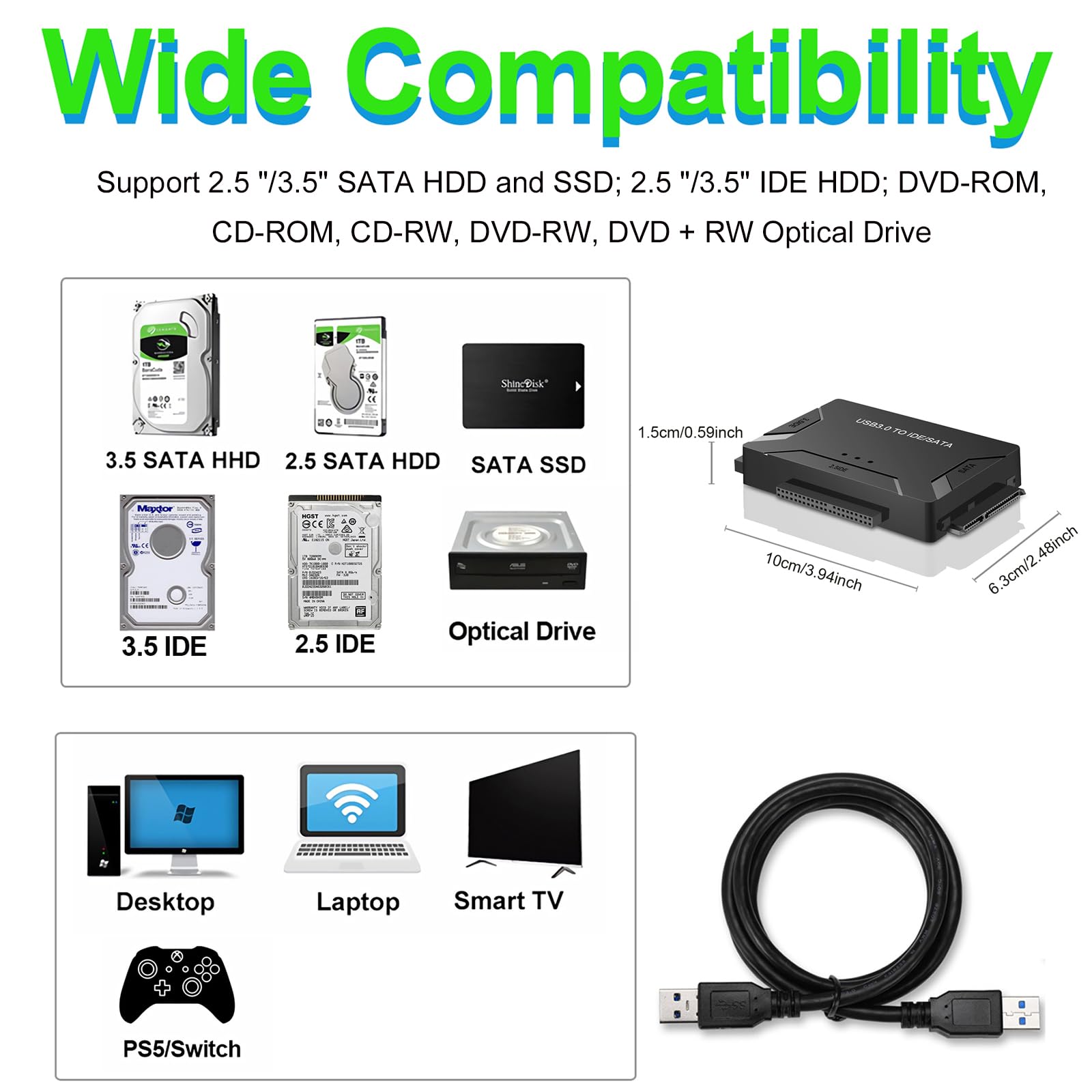 EYOOLD USB 3.0 to SATA IDE Adapter, Hard Drive Reader External Ultra Recovery Converter Compatible with 2.5" 3.5" HDD, SSD,5.25-inch DVD/CD-ROM Optical Drive Data Transfer with Power Supply