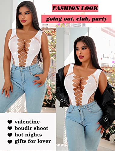 Avidlove White Rhinestone Bodysuit Sparkle Bodysuit Fishnet Lingerie for Women Sexy Mesh Body Suit Teddy Lingerie