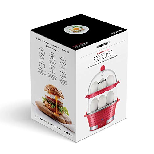 Chefman Electric Egg Cooker Boiler, Rapid Poacher, Food & Vegetable Steamer, Quickly Makes Up To 12, Hard or Soft Boiled, Poaching and Omelet Trays Included, Ready Signal, BPA-Free, Red