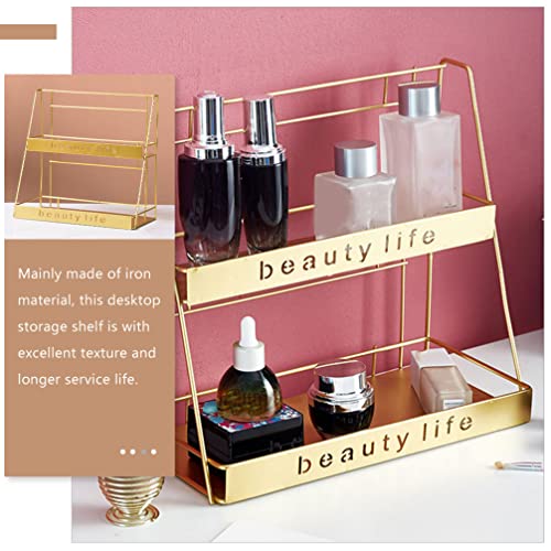 BESPORTBLE Cosmetic Storage Rack Makeup Organizer Shelf 2 Tier Cosmetic Storage Basket with Tray for Cosmetics Countertop Storage Organizer Standing Rack for Dresser Countertop Bathroom Gold