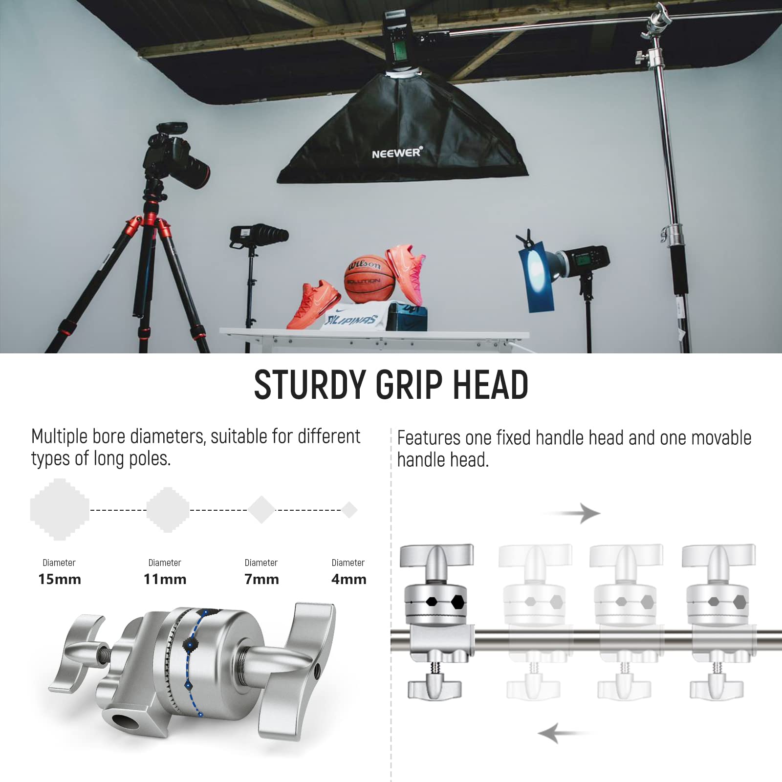 NEEWER C Stand with Boom Arm & Sliding Legs, Pro 100% Stainless Steel Stand Max Height 10.13ft/309cm with 3.9ft/120cm Arm & 2 Grip Heads for Photography Umbrellas, Reflectors, Softboxes and Monolights
