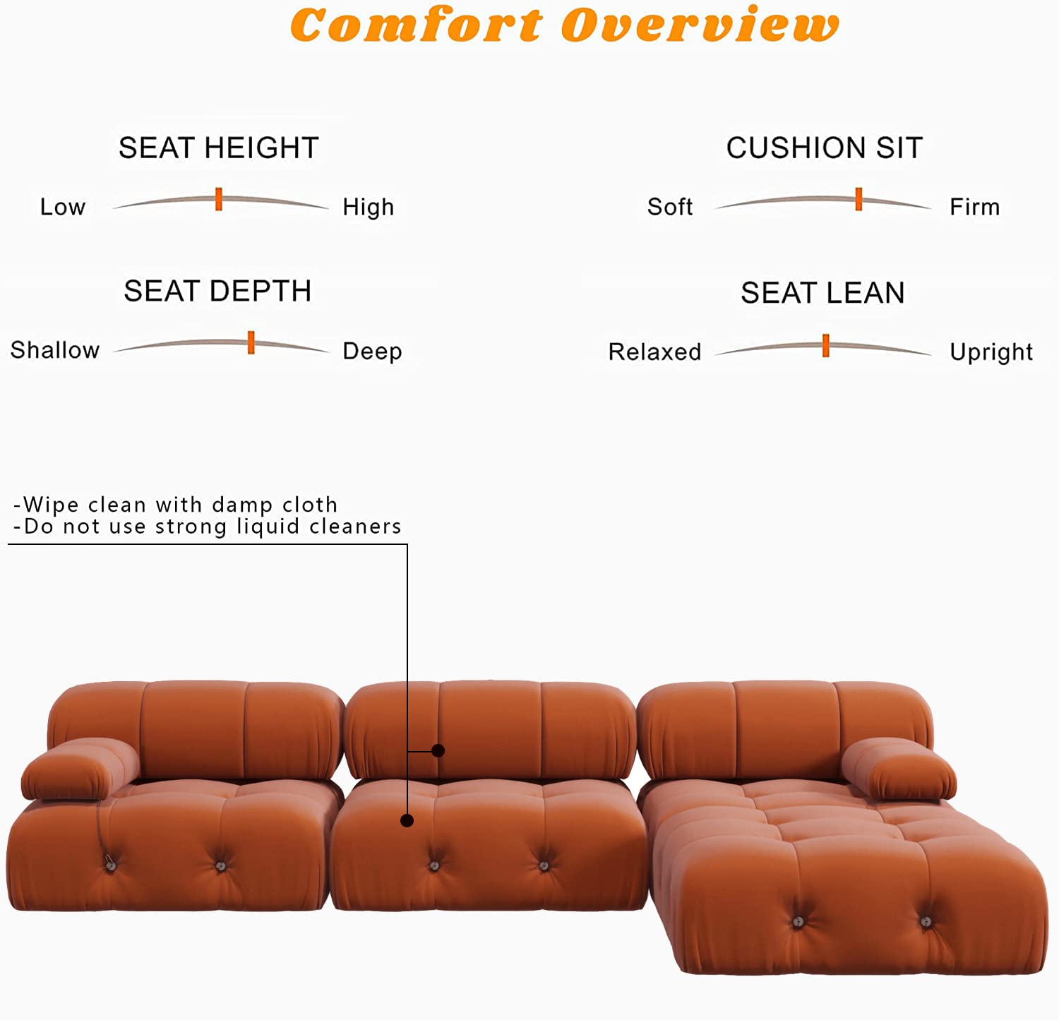 MGH Convertible Modular, Minimalist Couch with Ottomans, L-Shaped Velvet Sofas Couches, 4-Seat Sofa Couch Sectional with Reversible Chaise for Living Room (Orange)