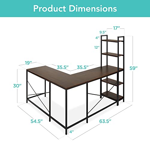 Best Choice Products L-Shaped Corner Computer Desk, Large Study Workstation Furniture w/Multifunctional 5-Tier Open Storage Bookshelves, Custom Setup for Home, Office - Brown/Black