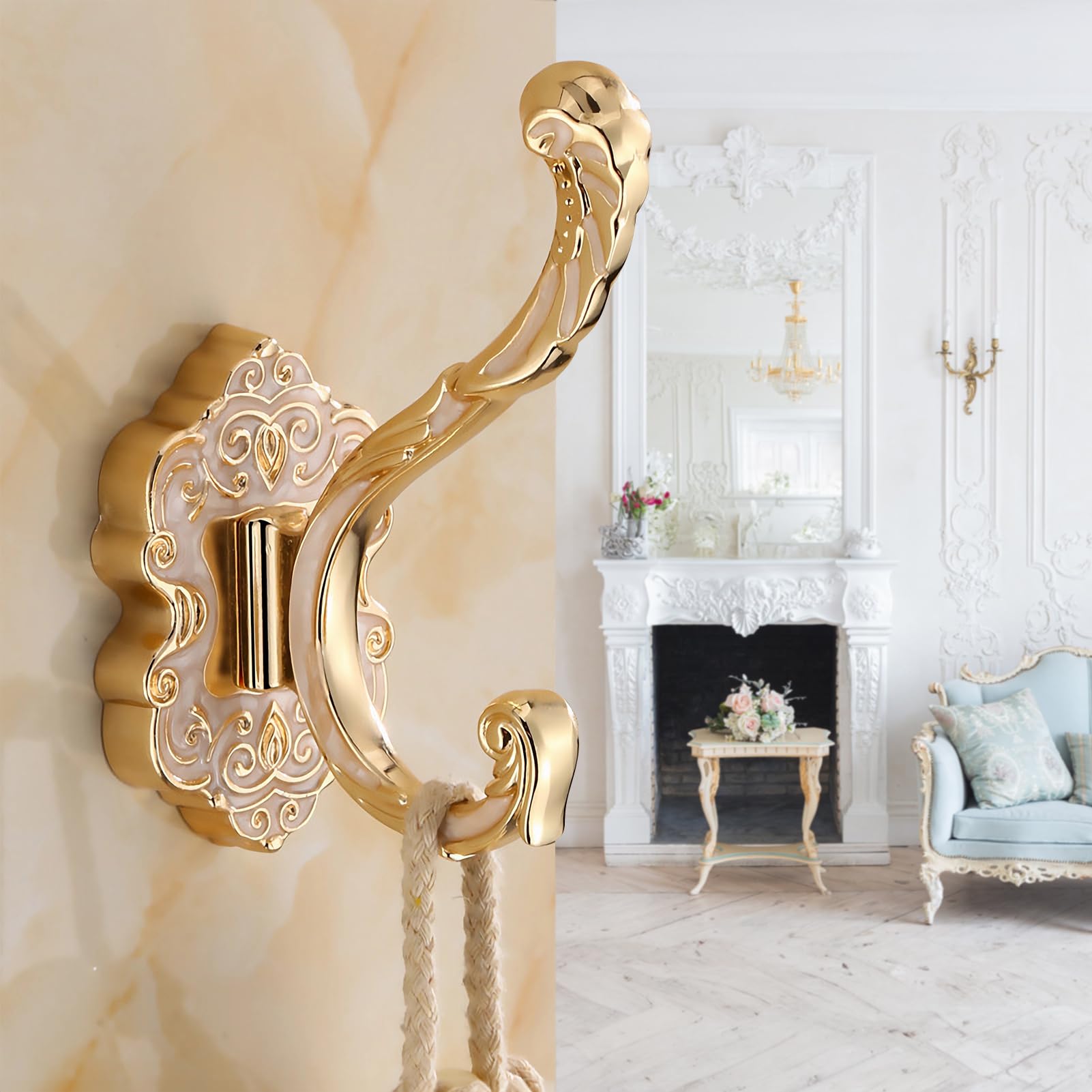 ParkistStar 2 pcs Coat hook, elegant gold practical hook in vintage style wall Mount for hanging coats and towels for hanging coat wallets in The bathroom and hallway (Golden-white)