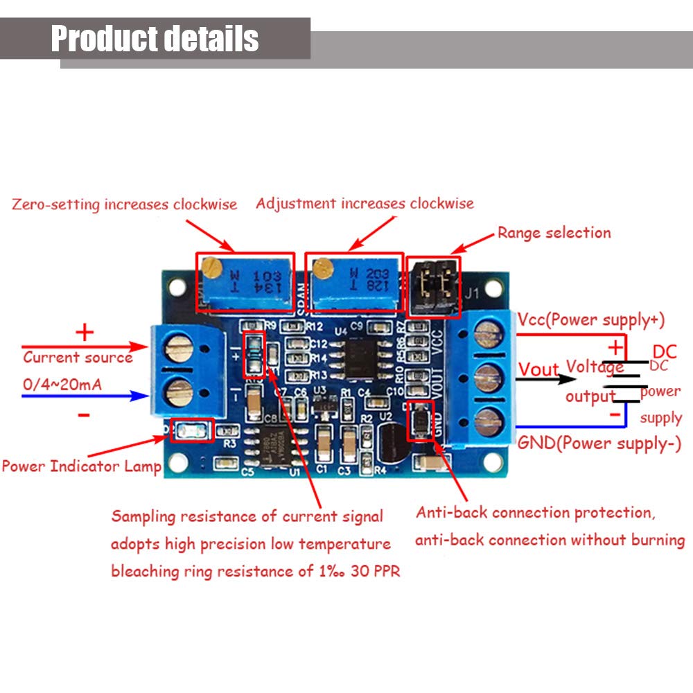 Ximimark 2Pcs Current to Voltage Converter Module 0/4-20mA to 0-3.3V 0-5V 0-10V Voltage Transmitter Signal Conversion Conditioning Board