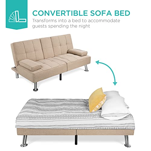 Best Choice Products Linen Upholstered Modern Convertible Folding Futon Sofa Bed for Compact Living Space, Apartment, Dorm, Bonus Room w/Removable Armrests, Metal Legs, 2 Cupholders - Beige