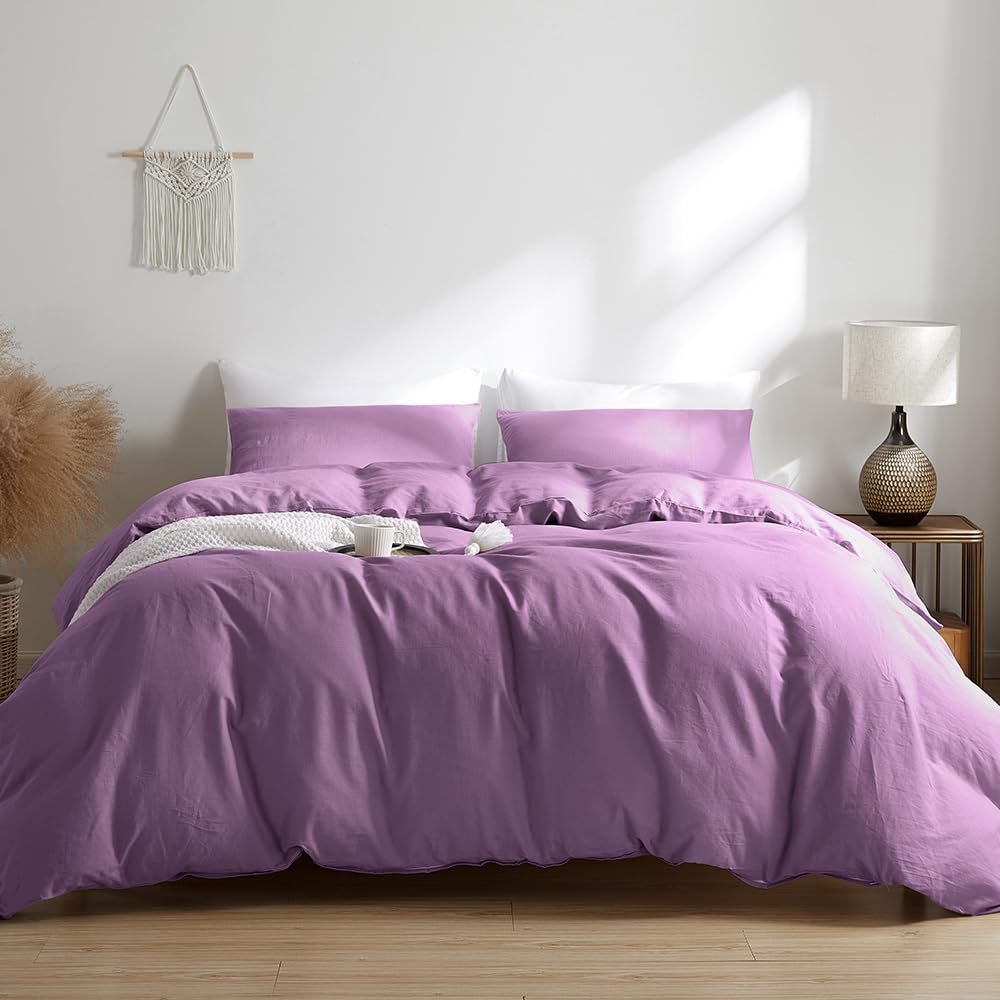 TUMEI 100% Linen Duvet Cover Set - Queen Size 3 Pieces Pure Linen Bedding Queen Comforter Cover Set Soft Breathable Durable Comforter Set 1 Duvet Cover and 2 Pillow Covers,Queen Size Basic Lilac