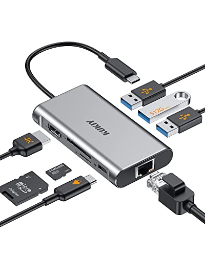 USB C Hub 8-in-1 with 4K HDMI, KUKIY Gigabit Ethernet, 3 USB 3.0, 100W PD Charging and SD&Micro SD Card Reader USB C Adapter Aluminum for MacBook Pro/Air (Thunderbolt 3)