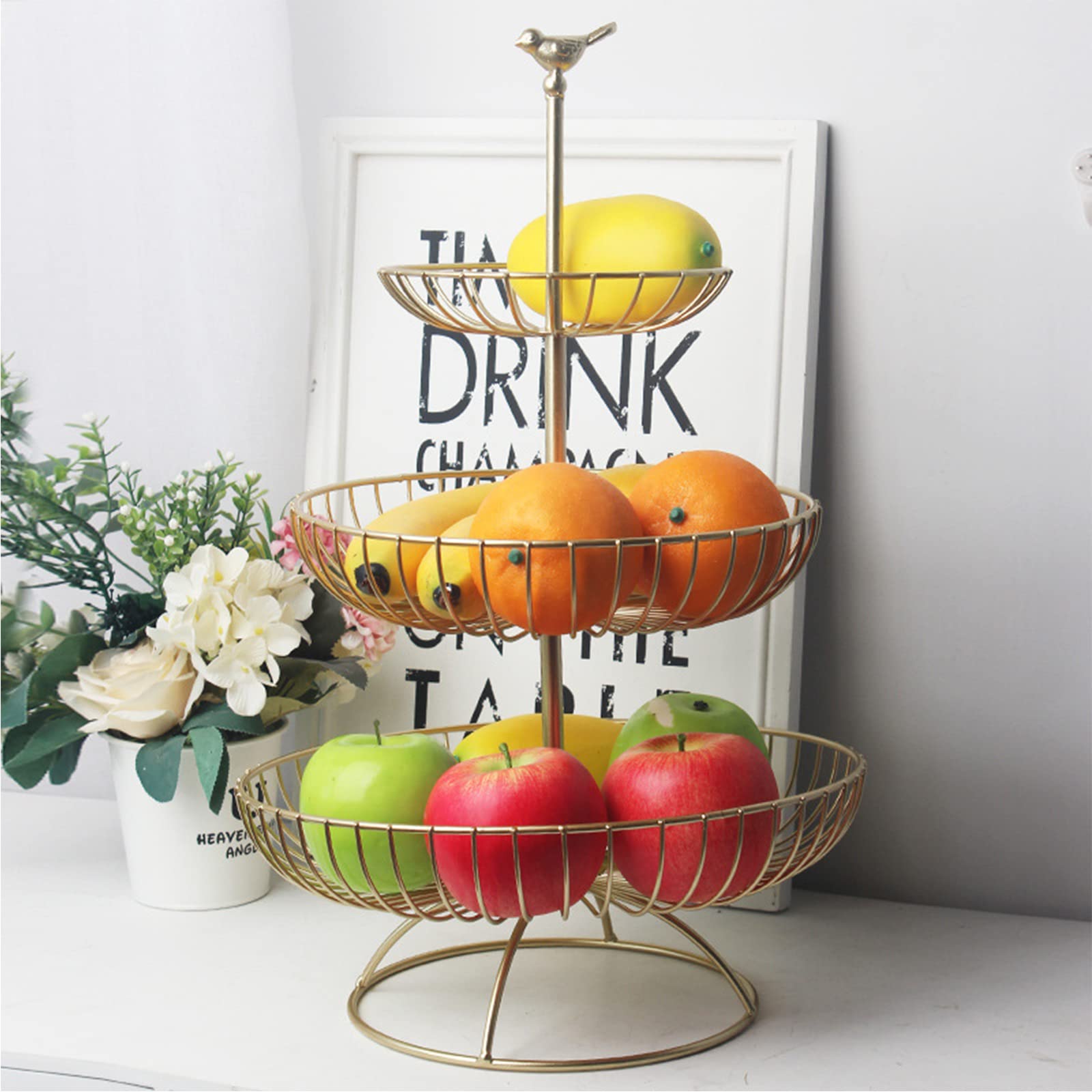 3 Tier Kitchen Countertop Fruit Basket Bowl for Bread Vegetables Snack Storage, Removable Organizer Shelf Storage Rack, Modern Design Tiered Fruit Holder Stand,for Gifts Home Party (bird head gold)