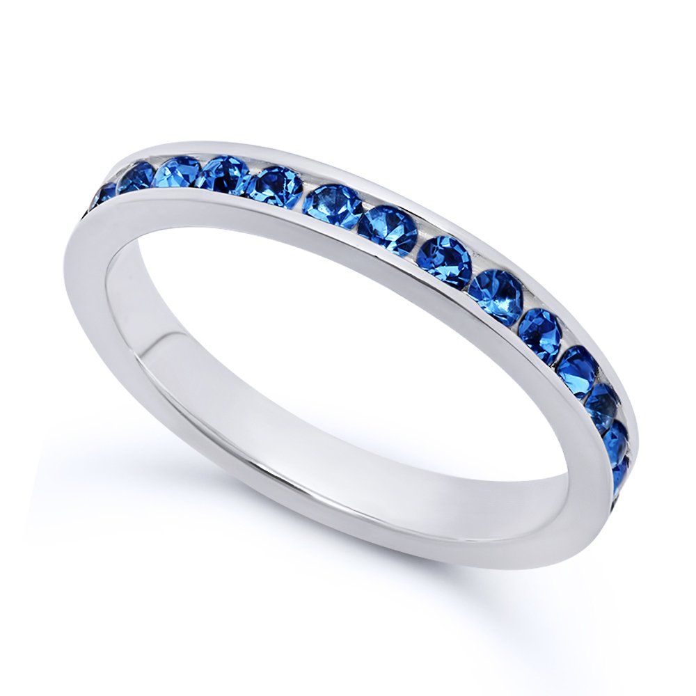 3mm Solid .925 Sterling Silver Sapphire Blue Cubic Zirconia Flat Eternity Band Ring, Size 7