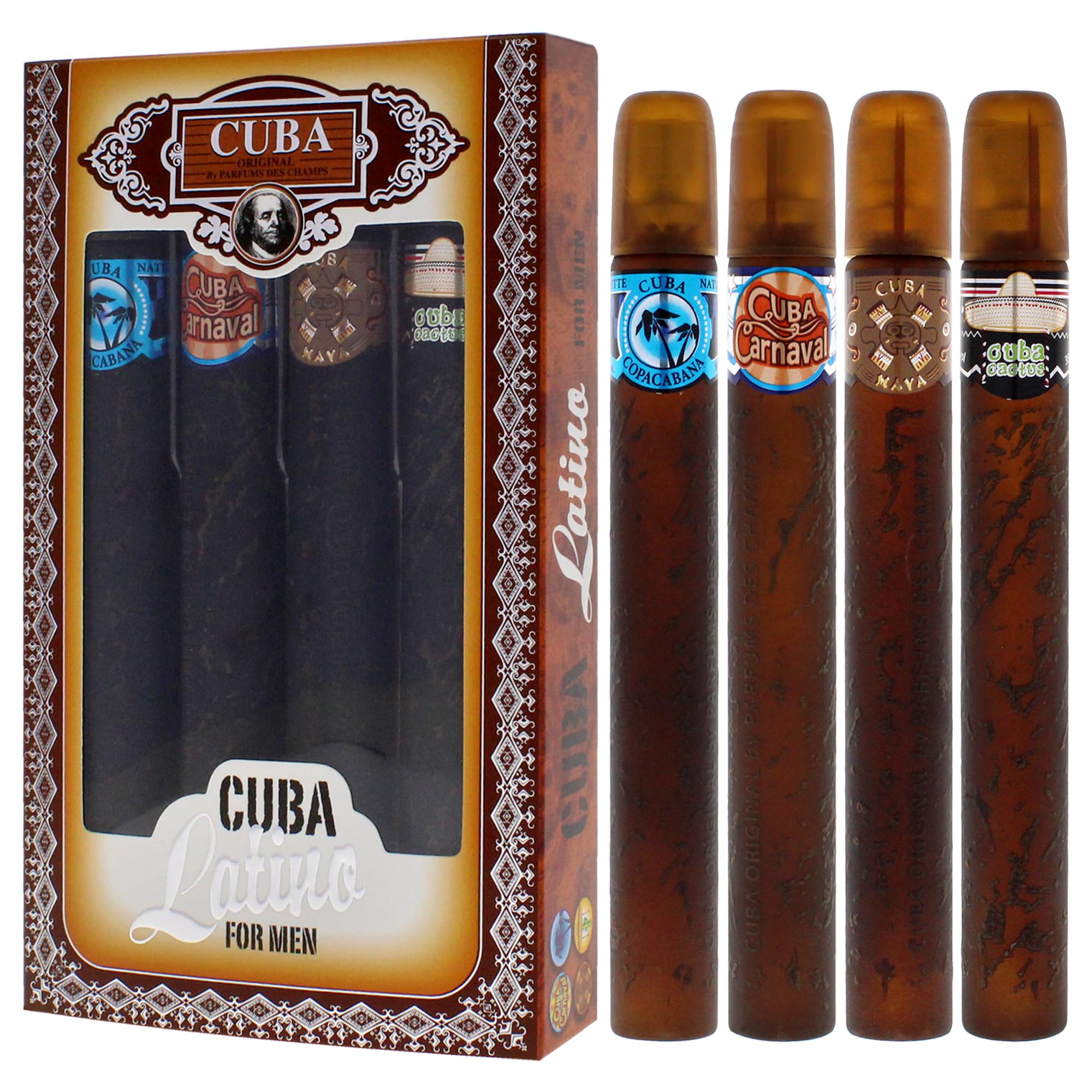 Cuba Latino Collection By Champs For Men. 4 Pc. Gift Set (Contains Eau De Toilette Spray 1.17 Oz / 35 Ml Of Carnaval, Cactus, Maya & Copacabana)