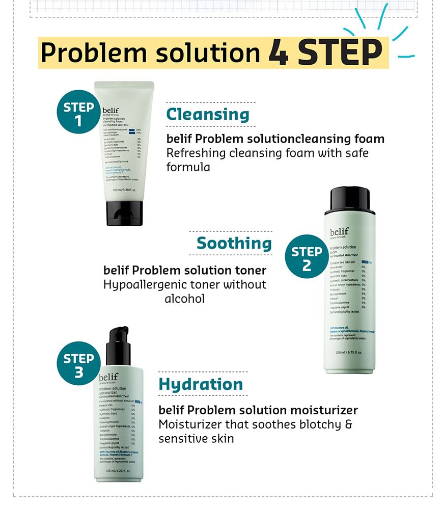 belif Problem Solution Toner | Facial Toner for Acne-Prone & Oily Skin | Antioxidants & Tea Tree Oil Soothes Blemishes & Prevents Future Breakouts | Sensitive Skin Toner for Women & Men | 6.75 Fl Oz