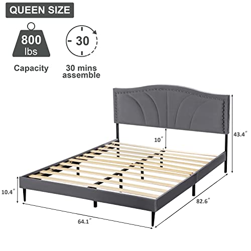 AsKmore Queen Size Bed Frame,Velvet Upholstered Platform Bed with Decorative Flower Line & Nailhead Trim Headboard with Wood Slat Support,No Box Spring Needed,Easy Assembly, Grey