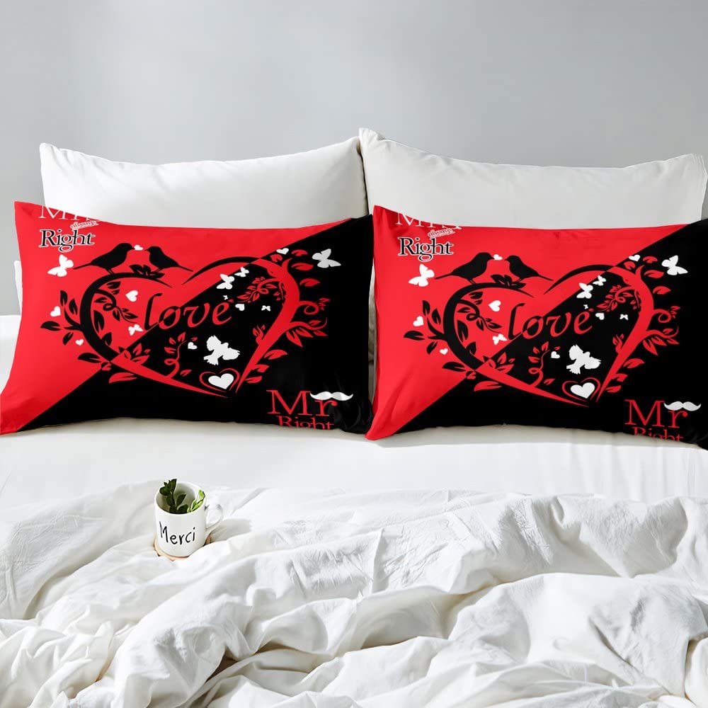 Mr Mrs Bedding Set Black Red Creative Funny Quotes Comforter Cover Couple Men Women Sexy Lip Mustache Duvet Cover Queen and King Romantic Wedding Themed Room Decor 3Pcs Queen Size (No Comforter)