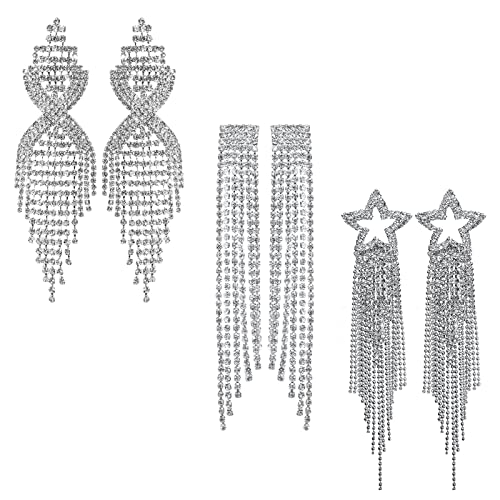 3 Pairs Crystals dangle earring,Star ear stud pave crystal,Silver teardrop crystal long tassels dangle Boho 925 Silver fringe Drop Long chandelier earrings