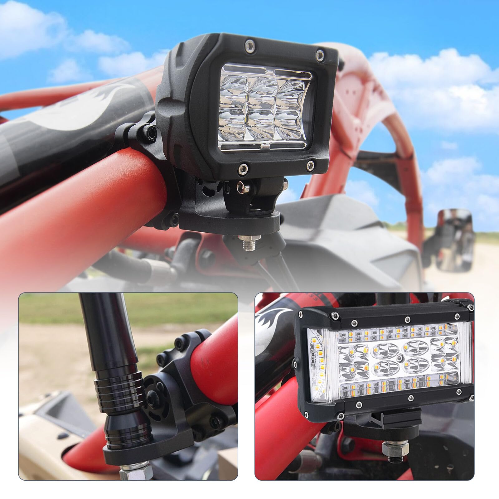 2X UTV ATV Mount Brackets Heavy-Duty CNC Cut Aluminum Construction for LED Whip Light Bar Led Pods 1.75" Roll Bar UTV.