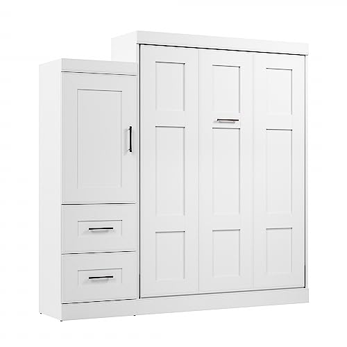 Bestar Edge Queen Murphy Bed and Wardrobe with Drawers in White, Space-Saving Wall Bed with Storage for Guest Room