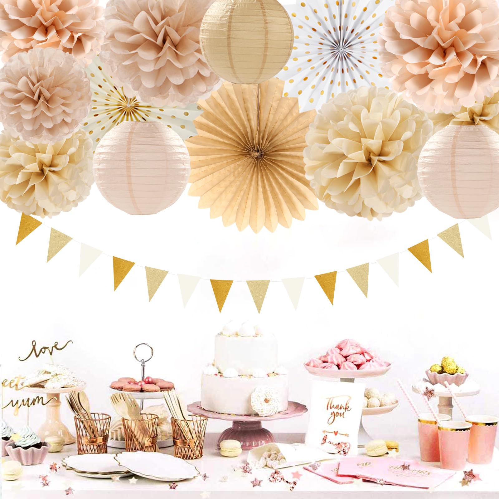Beige-Champagne Gold White-Peach Boho Party-Decorations - 20pcs Neutral Baby Shower Rustic Wedding Paper Lanterns Fans,Tissue Pom Poms,Honeycomb Balls,Bunting,Birthday Bridal Decor Burgleda