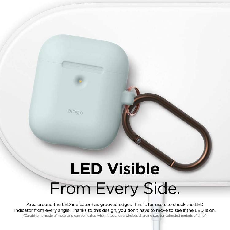 elago Silicone Case with Keychain Compatible with Apple AirPods 2 Wireless Charging Case, Front LED Visible, Anti-Slip Coating Inside, Premium Silicone [Baby Mint]