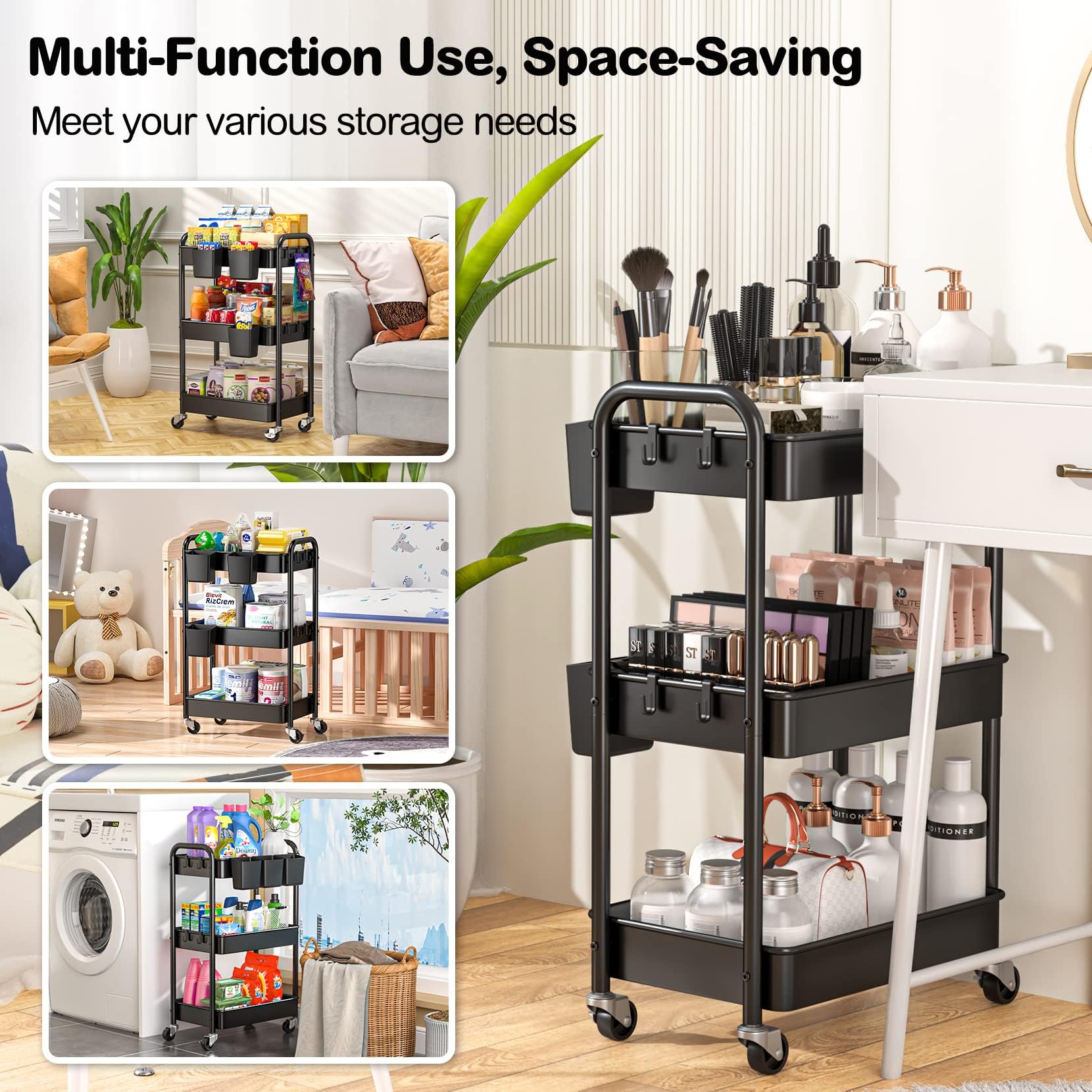 3 Tier Rolling Cart, YASONIC Metal Utility Cart, 66 Pounds Capacity, Mesh Storage Organizer Cart with Lockable Wheels & 3 Hanging Cups & 4Hooks, Easy Assembly, for Kitchen, Bathroom, Laundry, Grocery