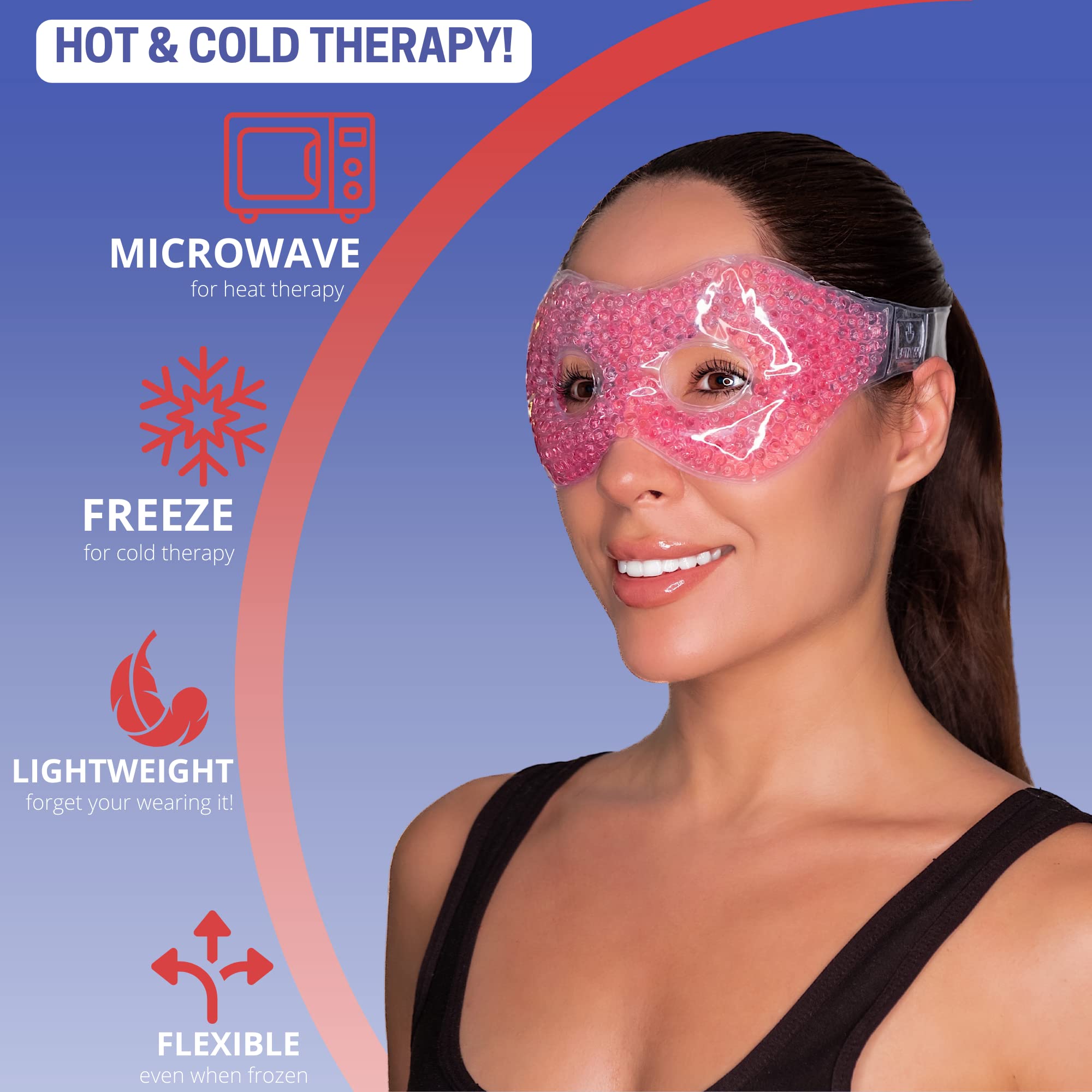 Gel Eye Mask with Eye Holes- Hot Cold Compress Pack Eye Therapy | Cooling Eye Mask for Puffy Eyes, Dry Eyes, Headaches, Migraines, Sinus, Dark Circles - Reusable Eye Face Mask | Ergo Gel Bead (Pink)