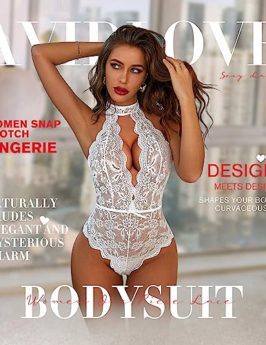 Avidlove Womens Snap Crotch Lingerie Halter Lace Bodysuit Sexy Teddy Babydoll White L