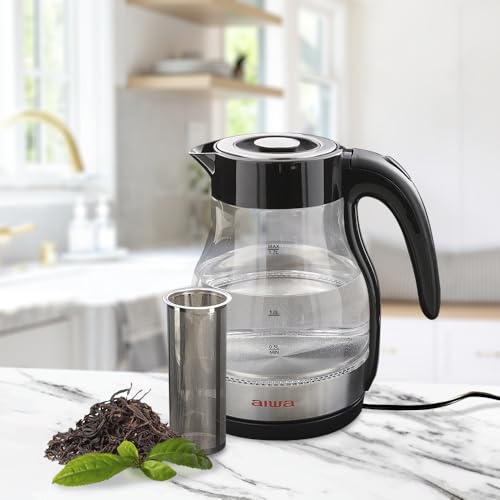 Aiwa 2 in 1 Black Infusion Kettle, Boil and Brew with Removable Stainless Steel Tea Infuser, 7 Cup or 1.7 Liter Capacity, LED Indicator Light, Auto-Shutoff & Boil-Dry Protection, Black