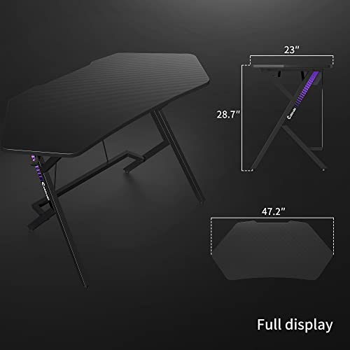 CubiCubi Luna Gaming Desk 47 inch Gamer Workstation, Home Computer Carbon Fiber Surface Gaming Desk PC Table with Cable Tray and Headphone Hook
