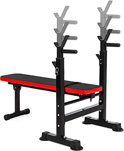 BalanceFrom Adjustable Folding Multifunctional Workout Station Adjustable Olympic Workout Bench with Squat Rack, Black/Red