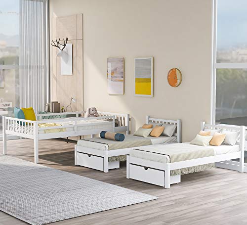 BIADNBZ Full Over Twin & Twin Triple Bunk Bed with Drawers and Guardrails, Solid Wood Bedframe for Kids Teens Adults Bedroom, White