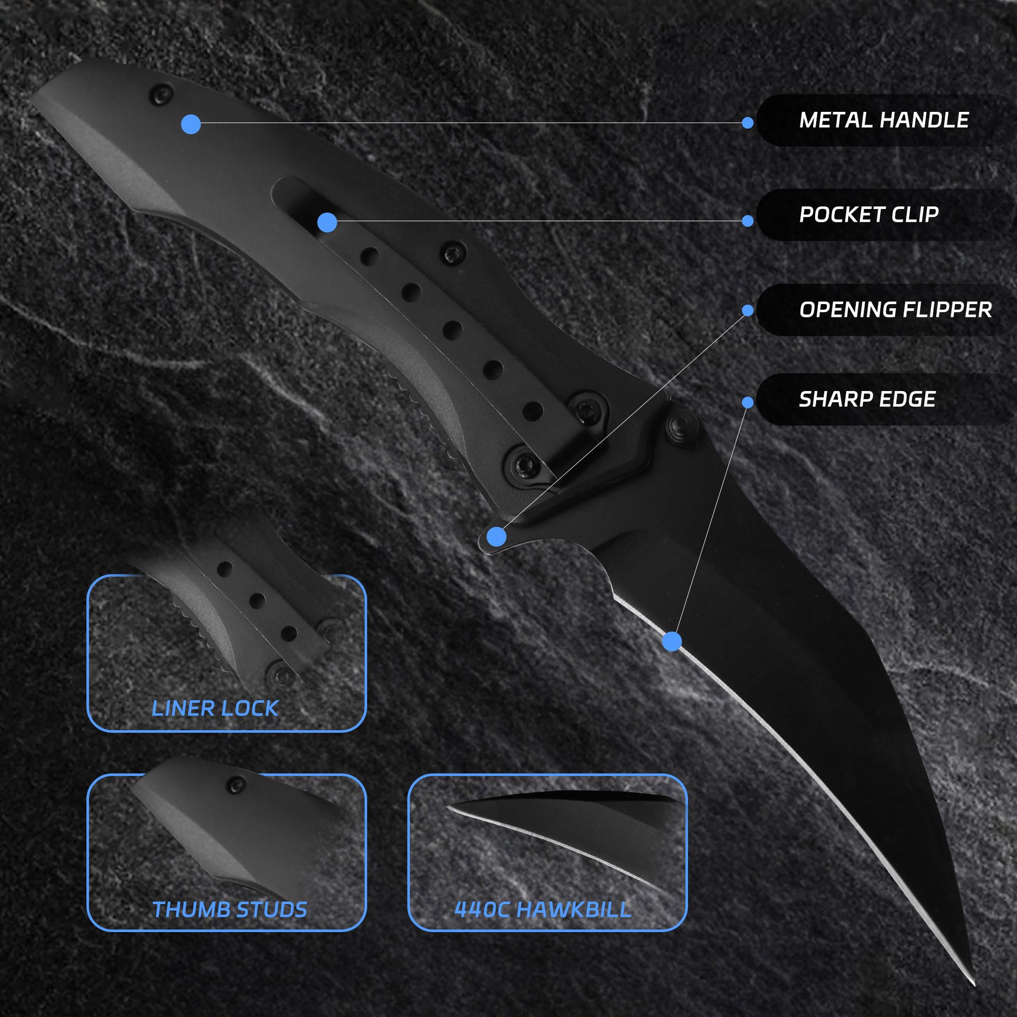 Kitory Pocket Knife, EDC Folding Knife Outdoor, Multi-Purpose Stainless Steel 8Cr15MoV Black Hawkbill Blade,Military Style, Mens Gift
