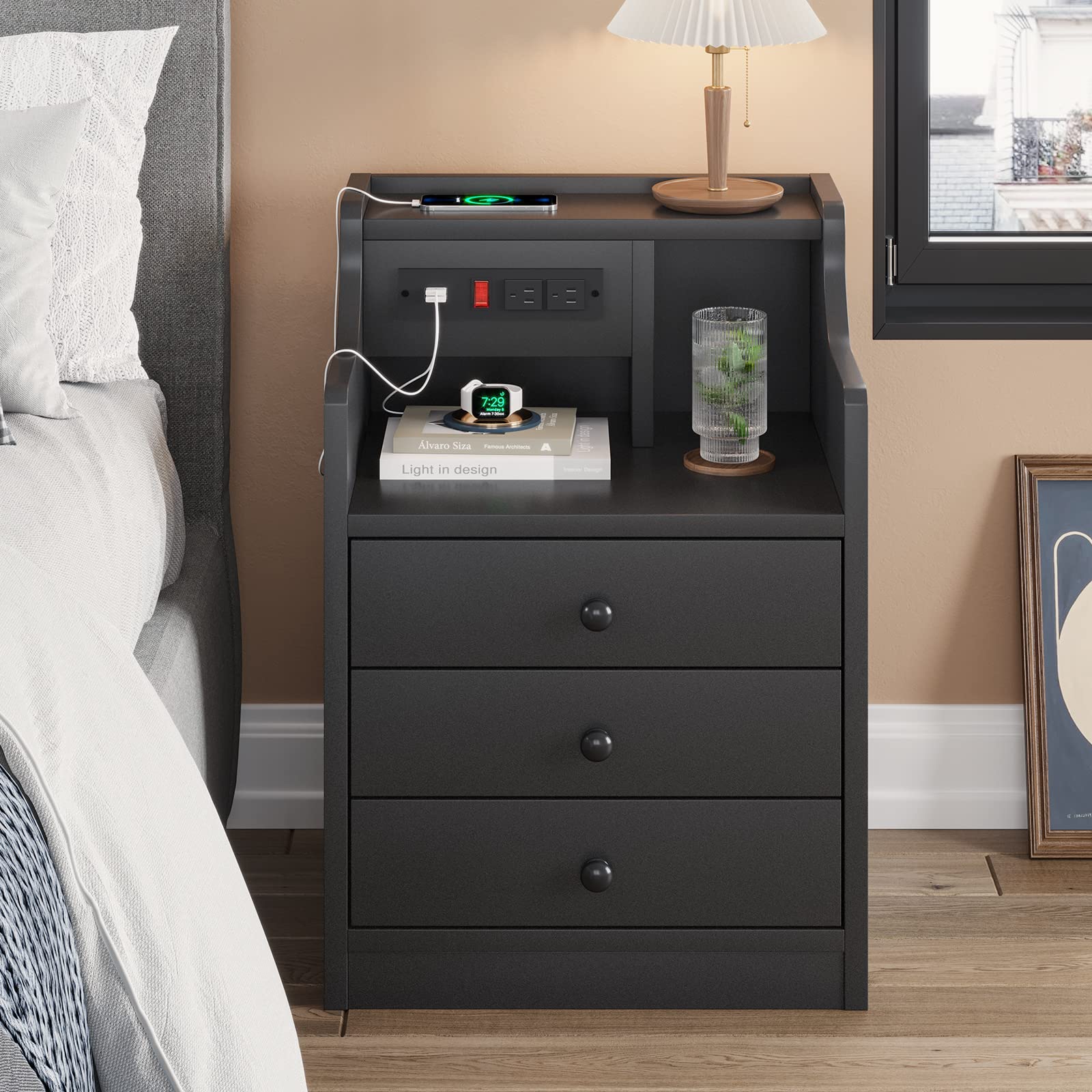 ADORNEVE Nightstand Set 2,Gray Nightstand with Charging Station & Hutch,Night Stands for Bedrooms Set of 2,Bedside Table with Drawers